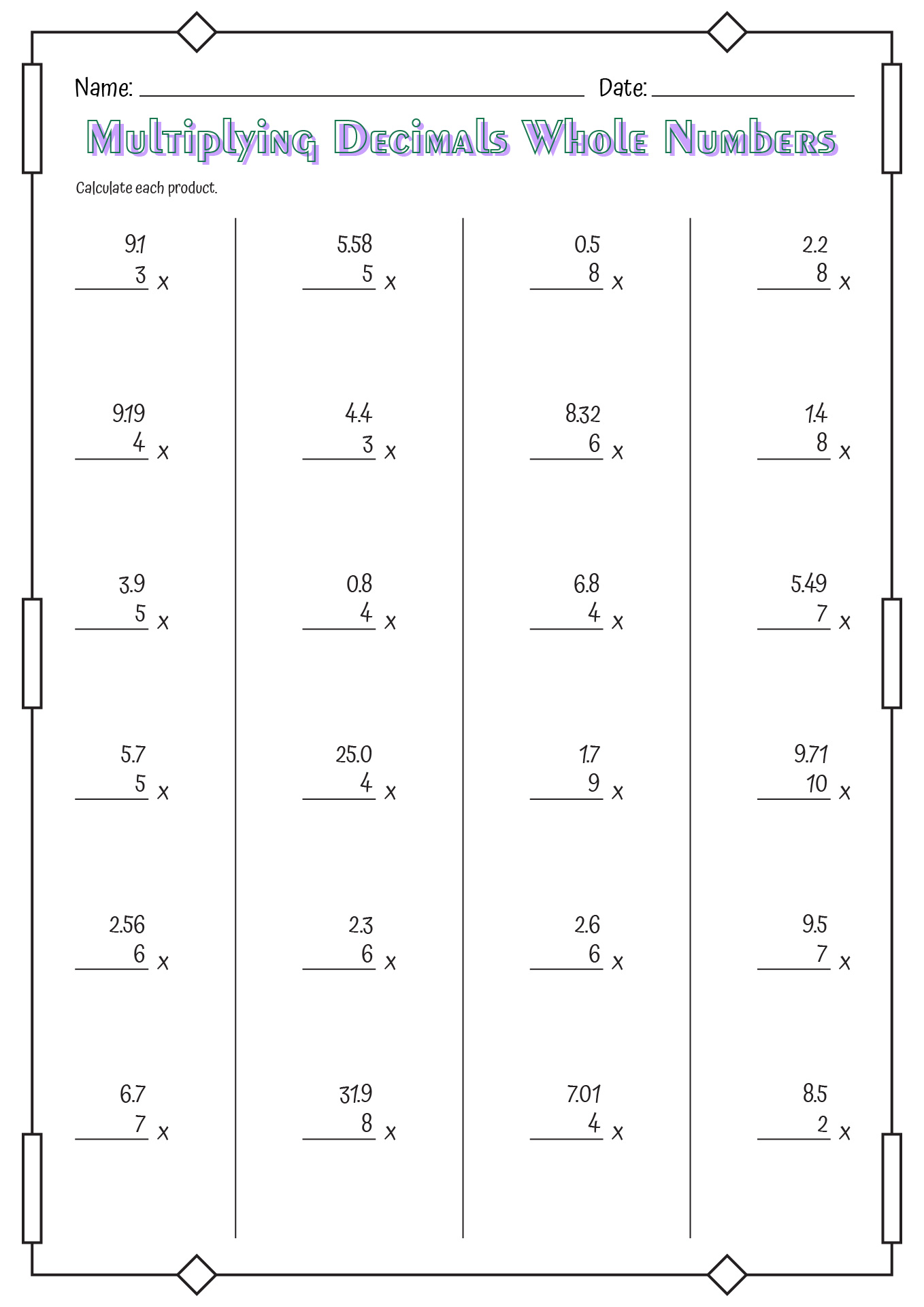 Multiplication Of Decimals Worksheet