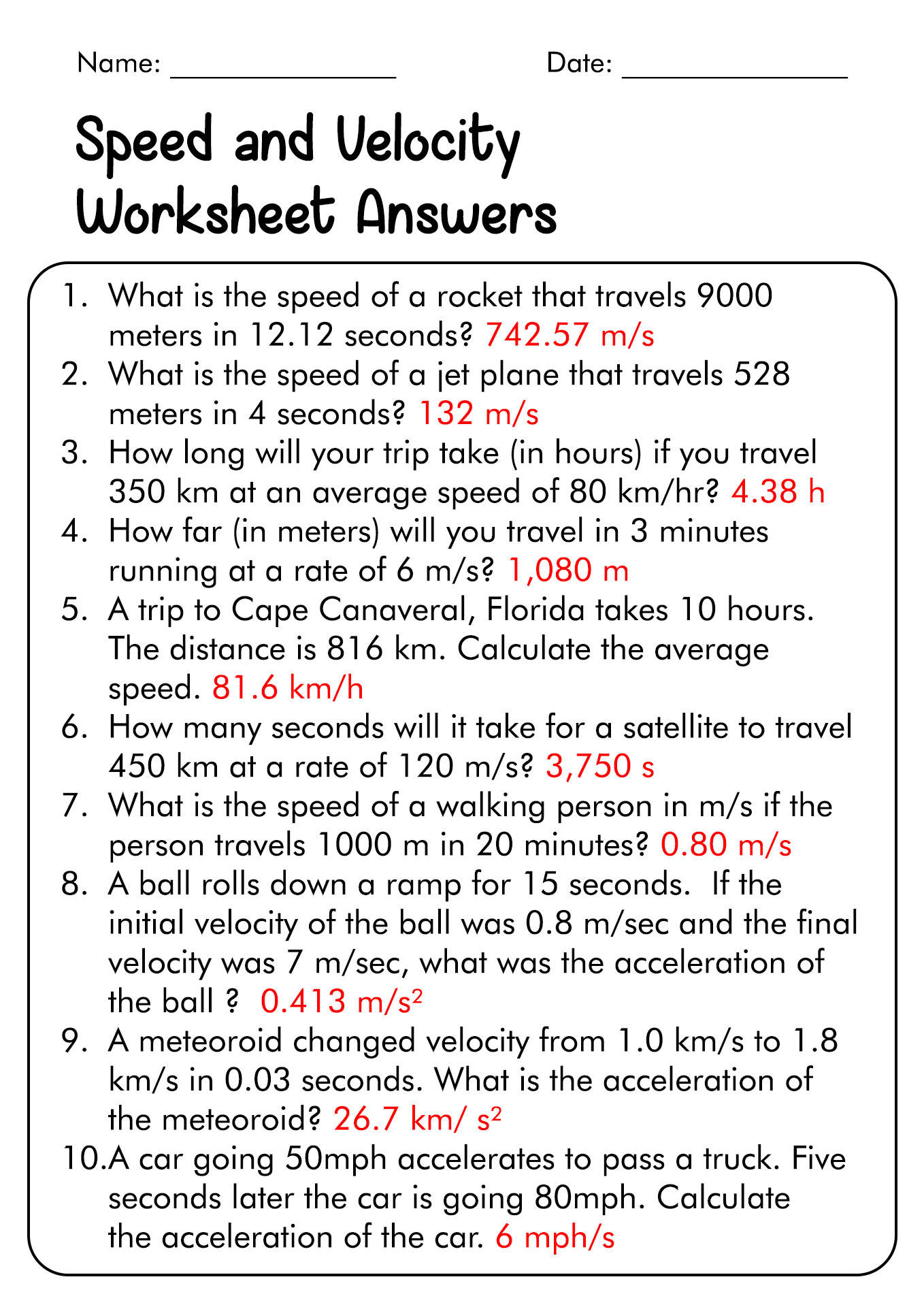 Velocity Worksheets Velocity Worksheets
