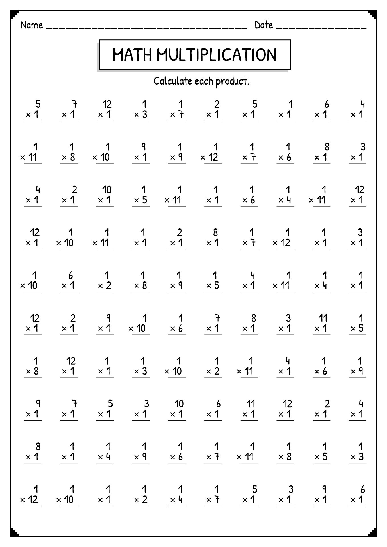 Mutliplication Worksheet