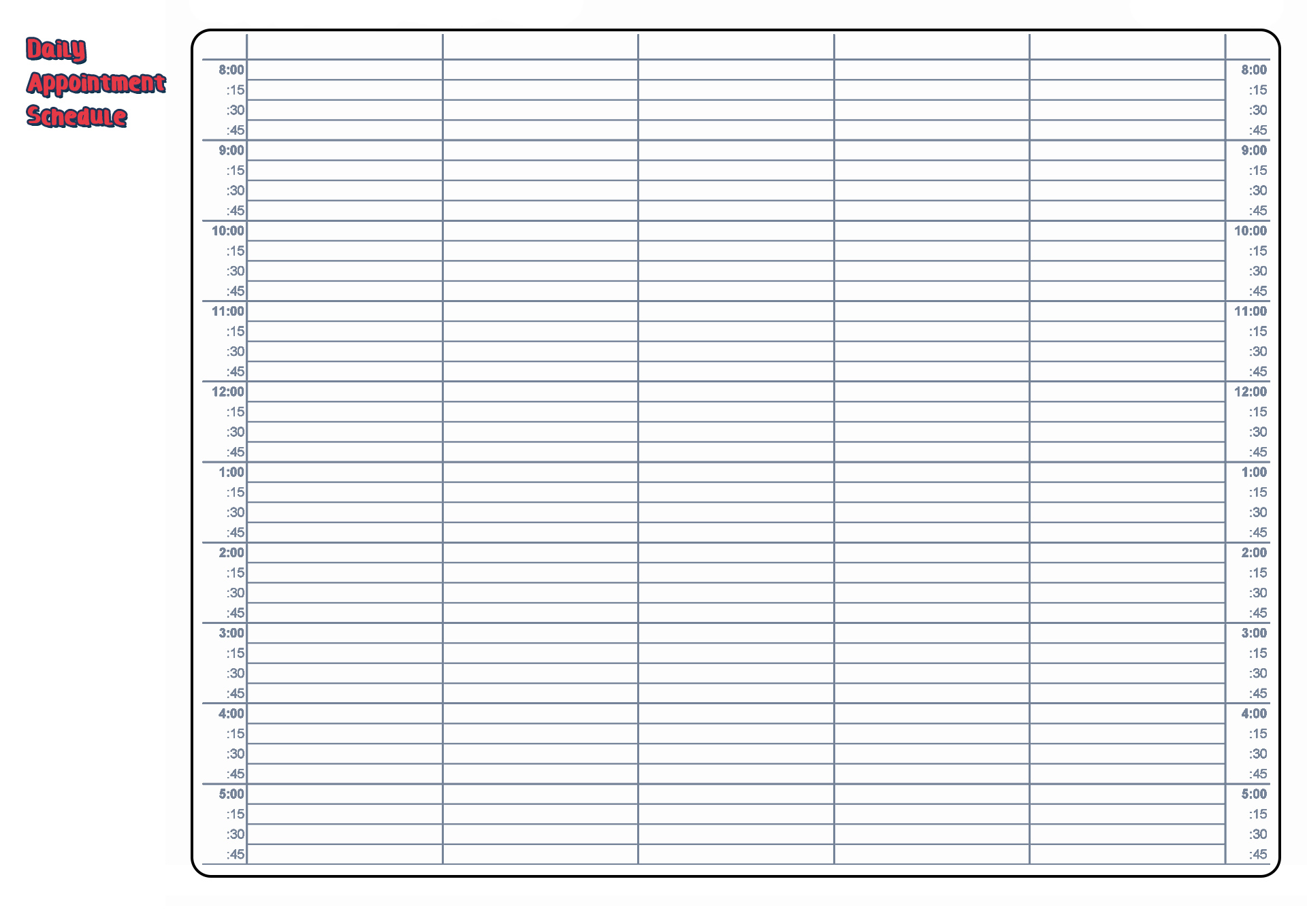 Appointment Schedule Template 15 Minute Increments Printable Schedule