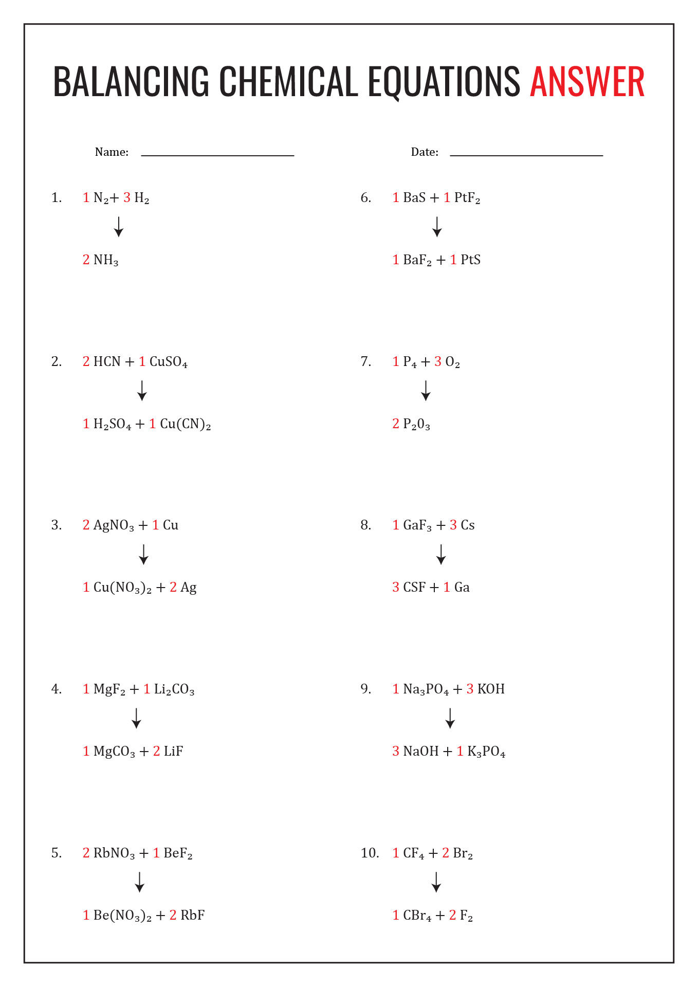 Practice Balancing Equations Answer Key Balancing Chemical Equations 