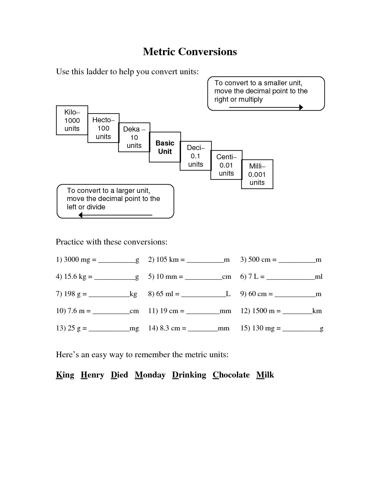 Metric Conversion Worksheet Printable Metric Conversion Worksheet Printable