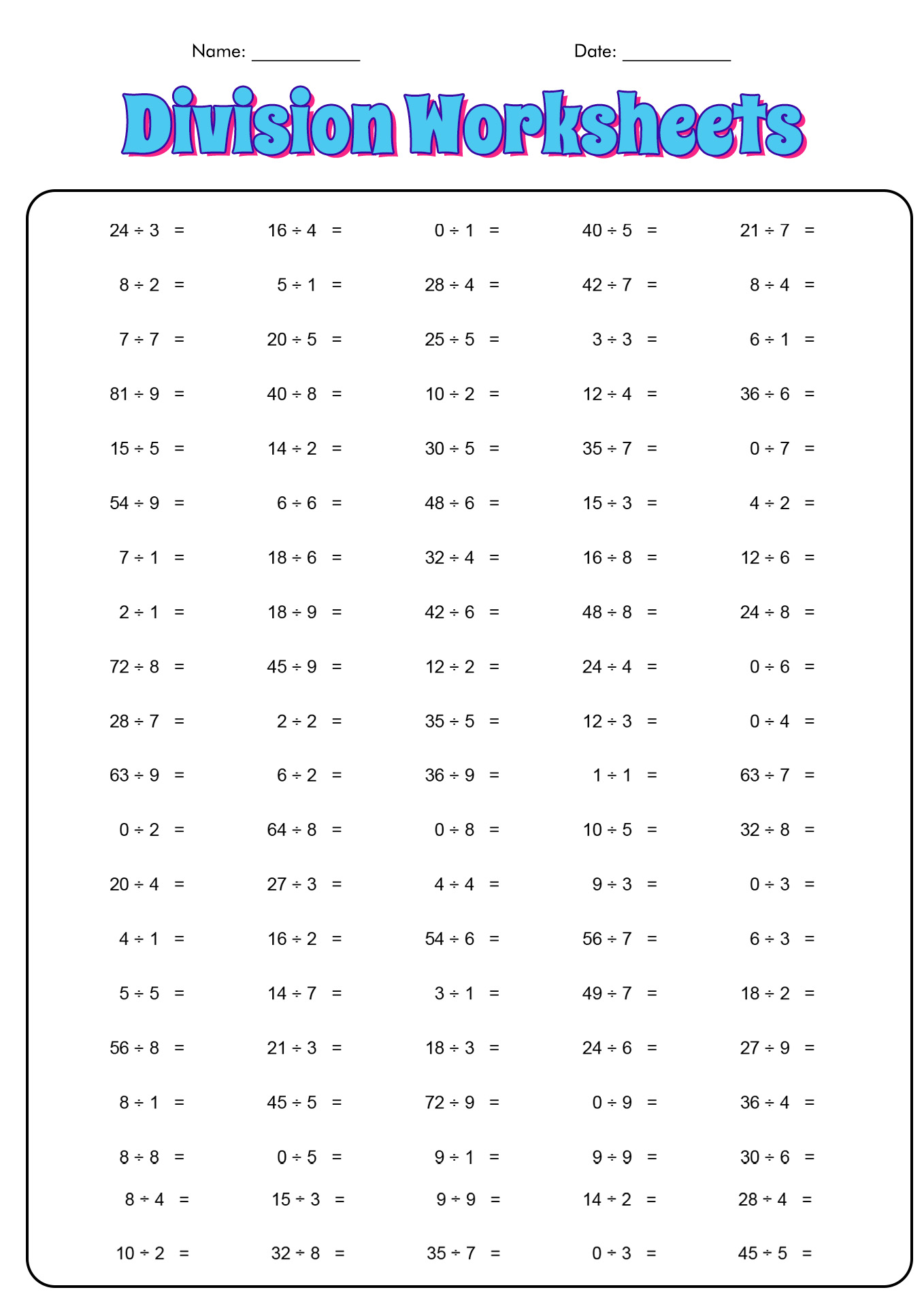 Division Practice Worksheets