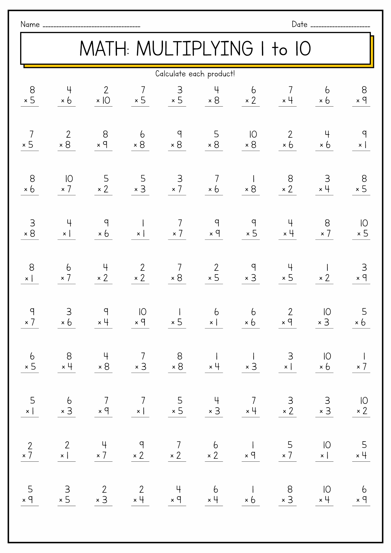 Timed Math Fact Worksheet