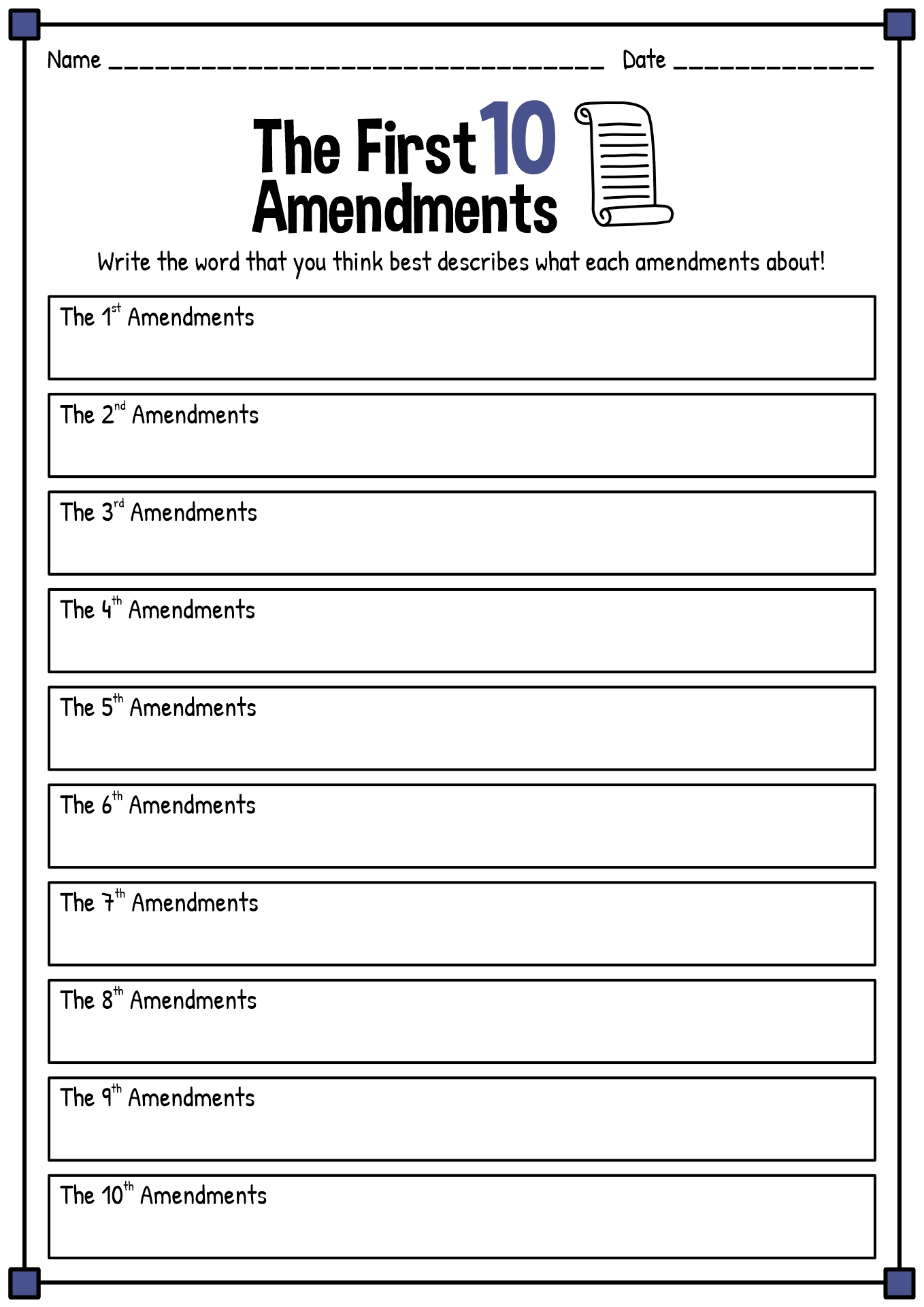 10 Amendments Worksheets