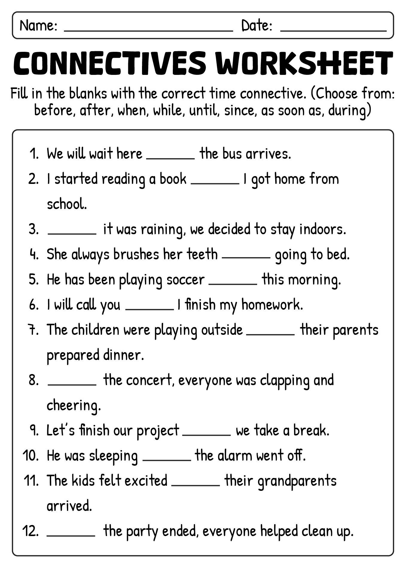 7 Time Connectives Worksheet Worksheeto
