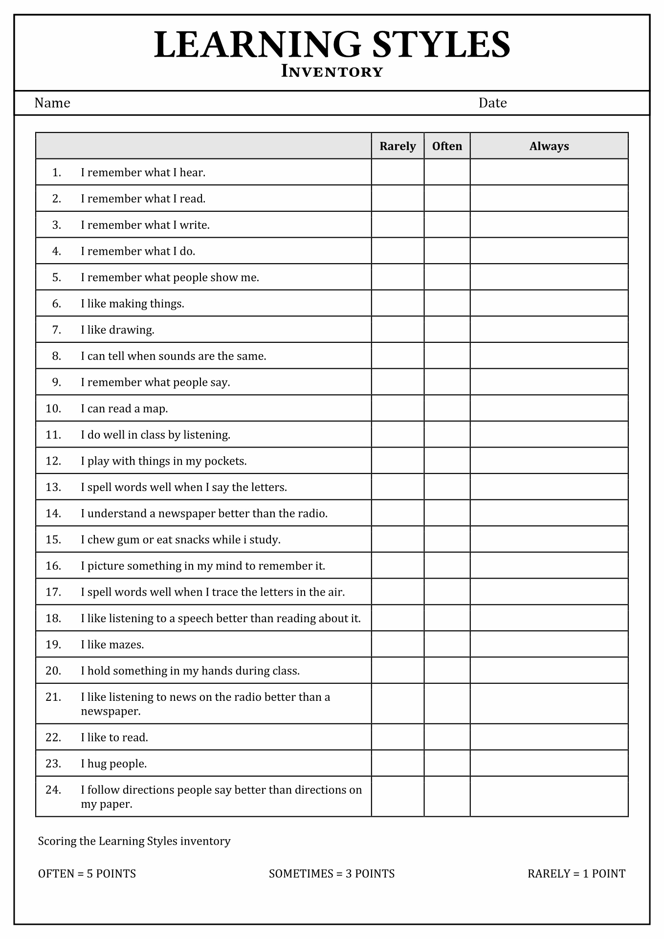 Free Learning Style Assessment Printable Free Learning Style Assessment Printable