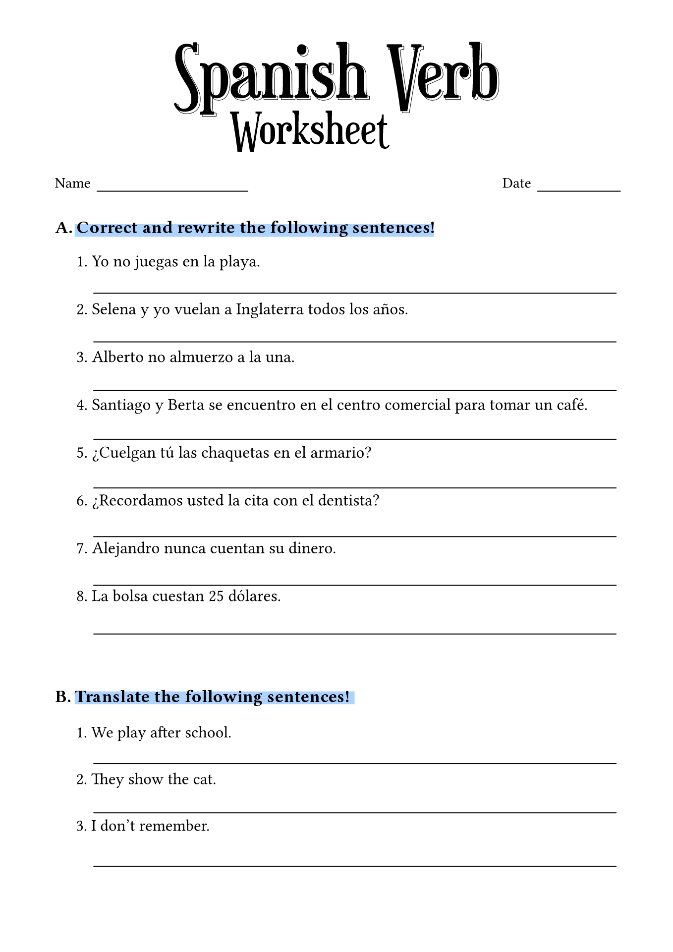 19 Spanish Verb Worksheets Free PDF At Worksheeto