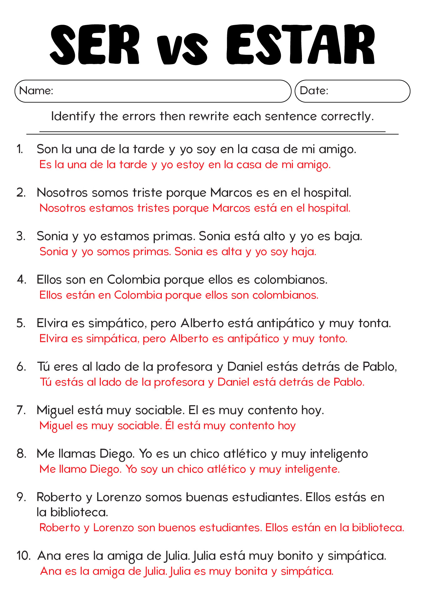 Printable Ser Worksheets