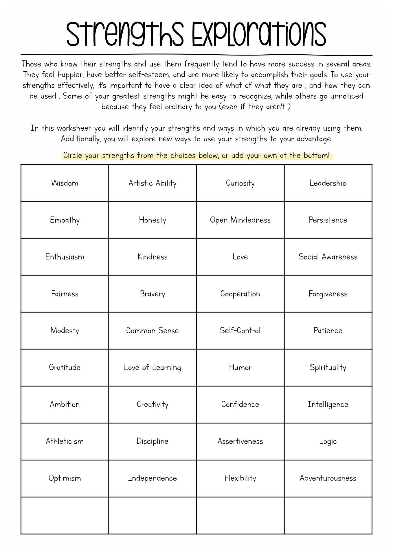 Strengths Assessment Worksheet Strengths Assessment Worksheet