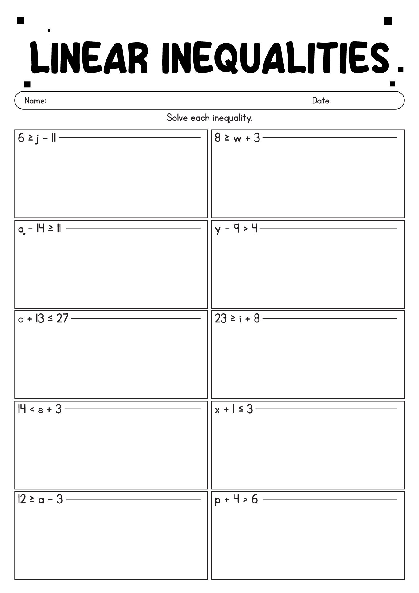 Graphing One Step Inequalities Worksheet