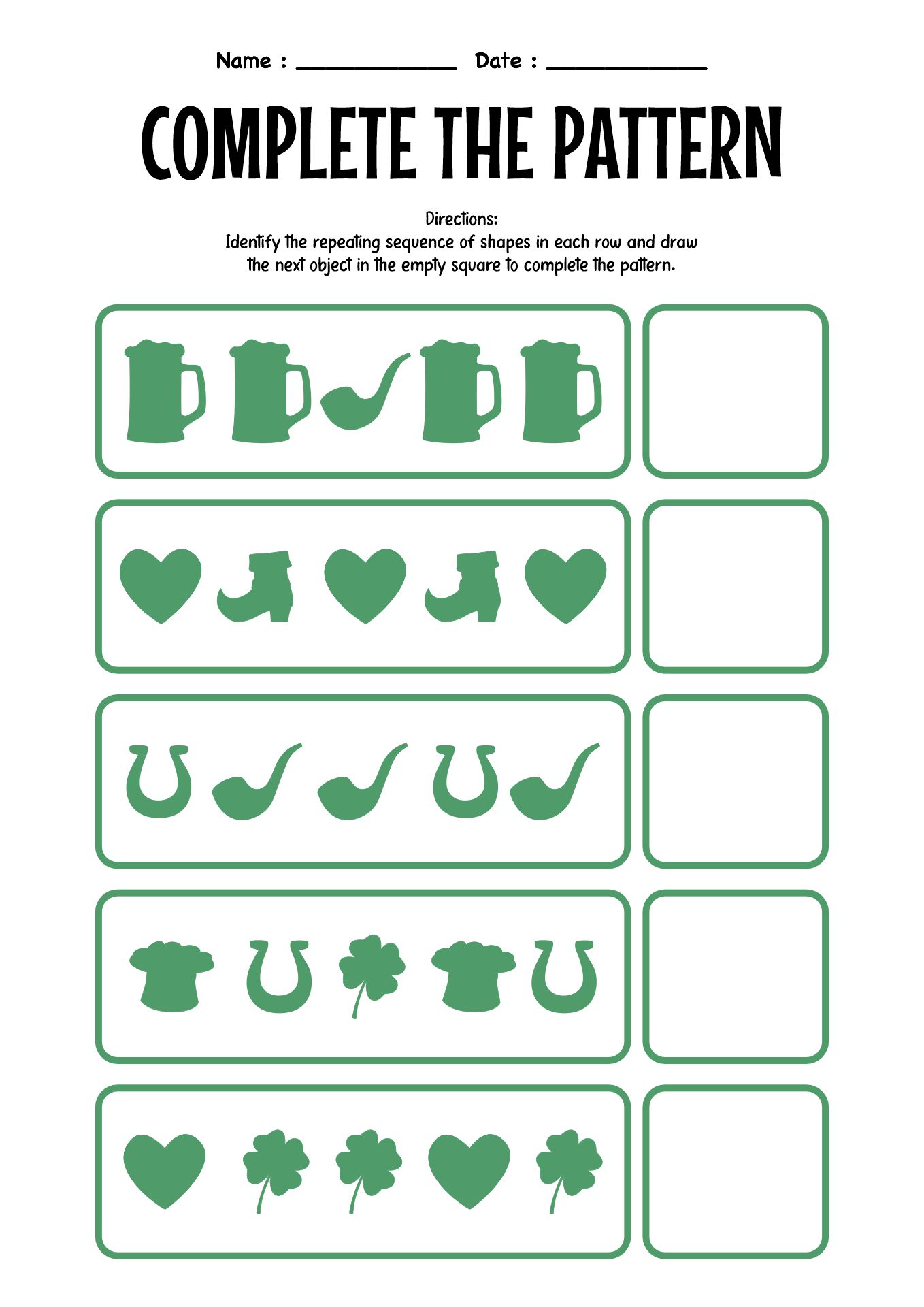 14 St. Patrick's Preschool Pattern Worksheets - Free PDF at worksheeto.com