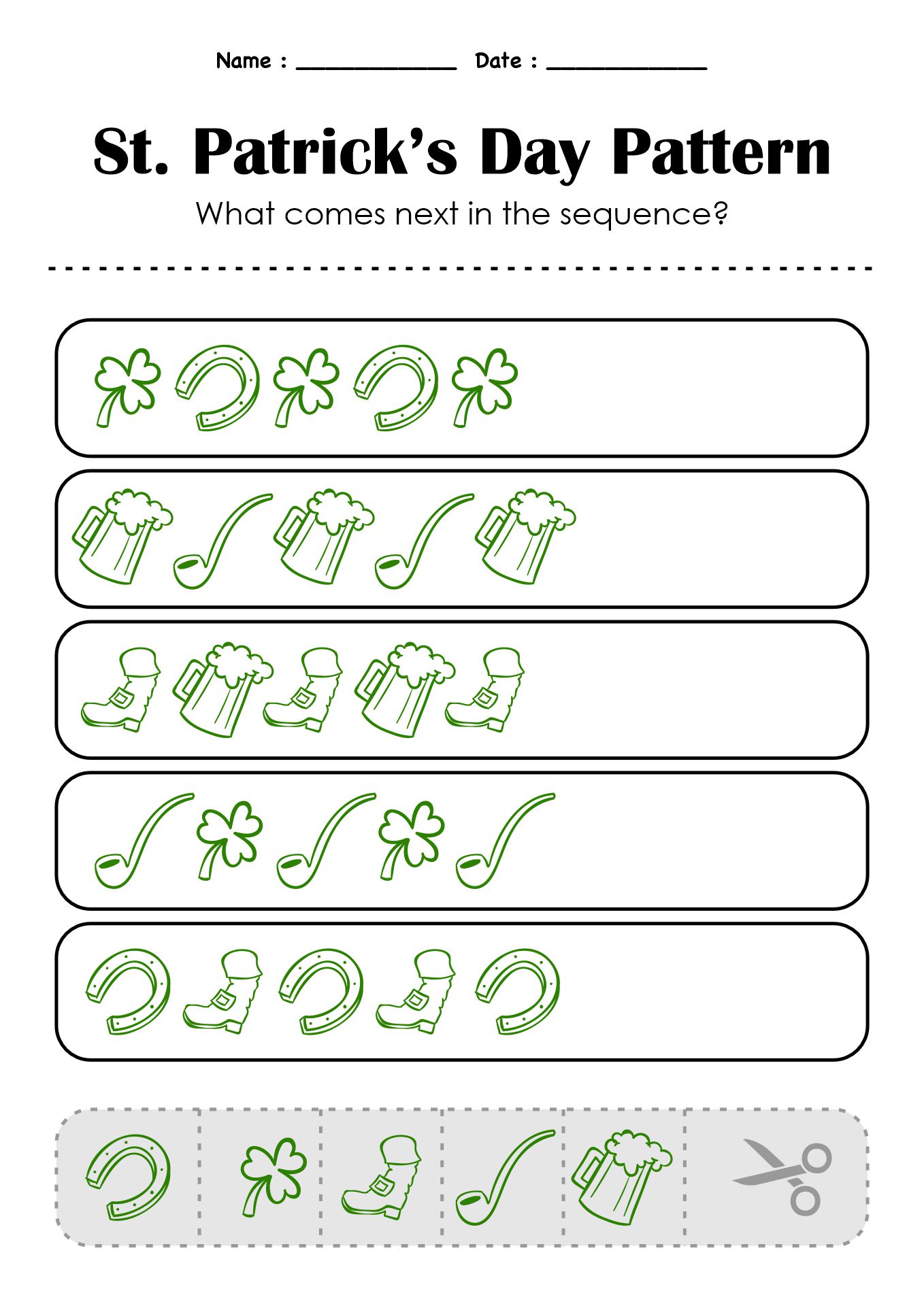 14 St. Patrick's Preschool Pattern Worksheets - Free PDF at worksheeto.com