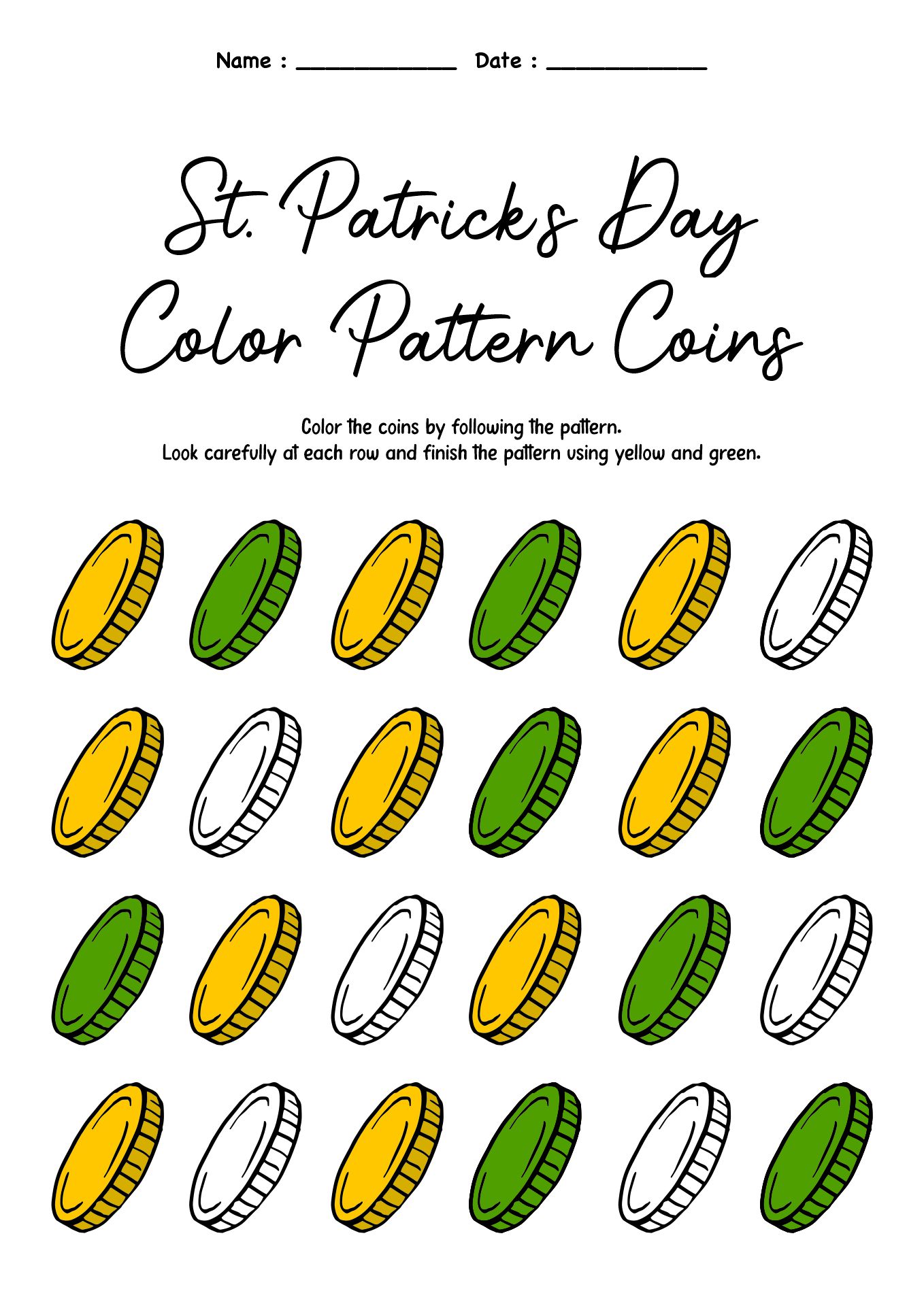 14 St. Patrick's Preschool Pattern Worksheets - Free PDF at worksheeto.com