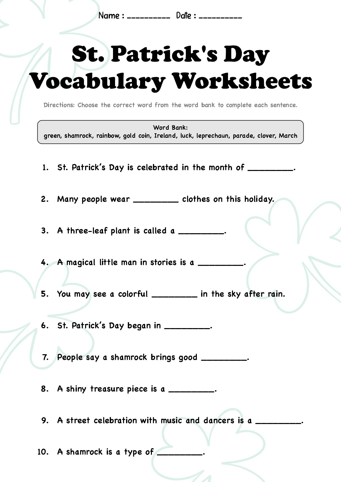13 St. Patrick's Day Vocabulary Worksheets - Free PDF at worksheeto.com