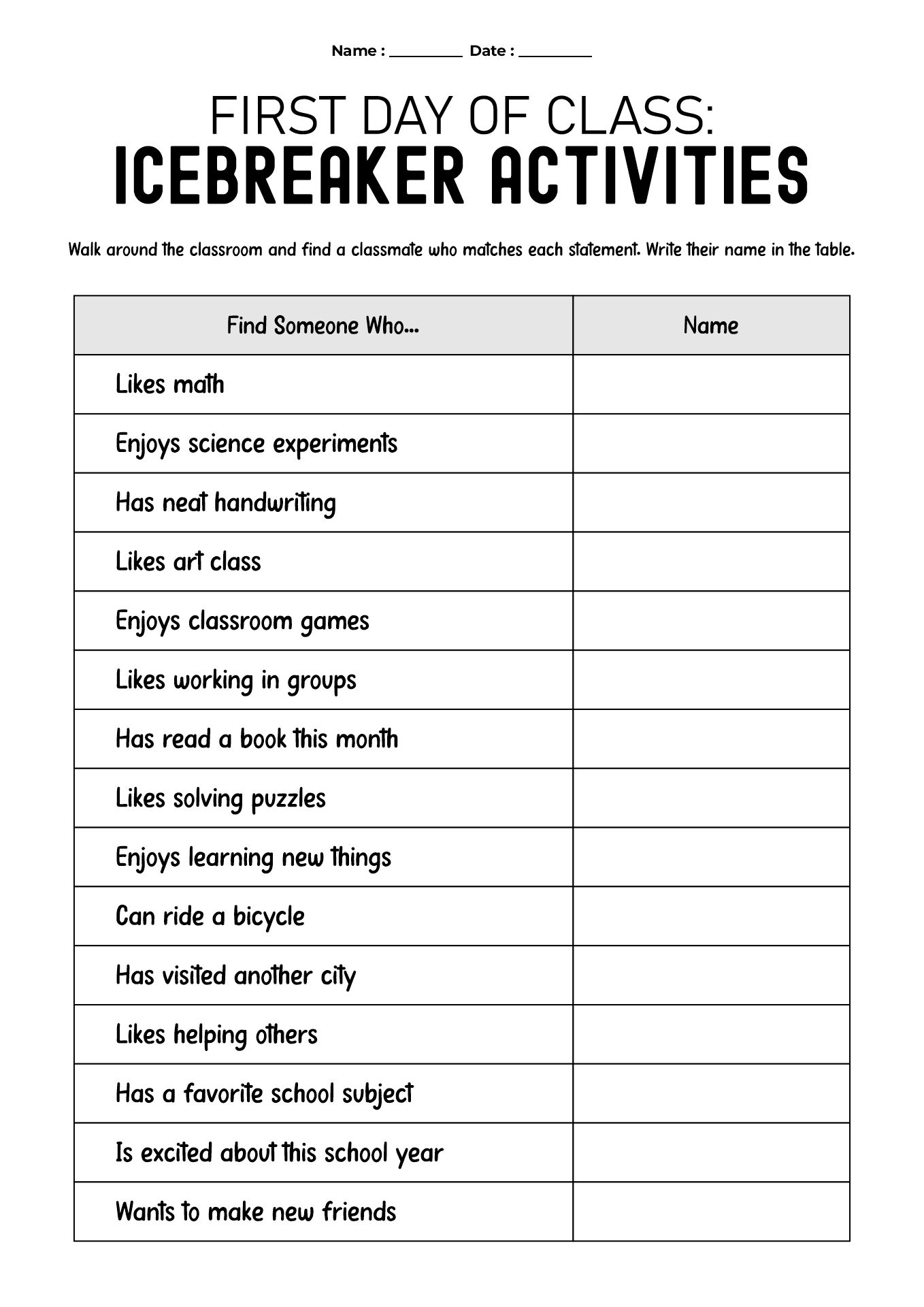 14 First Day Of Class Worksheet - Free PDF at worksheeto.com